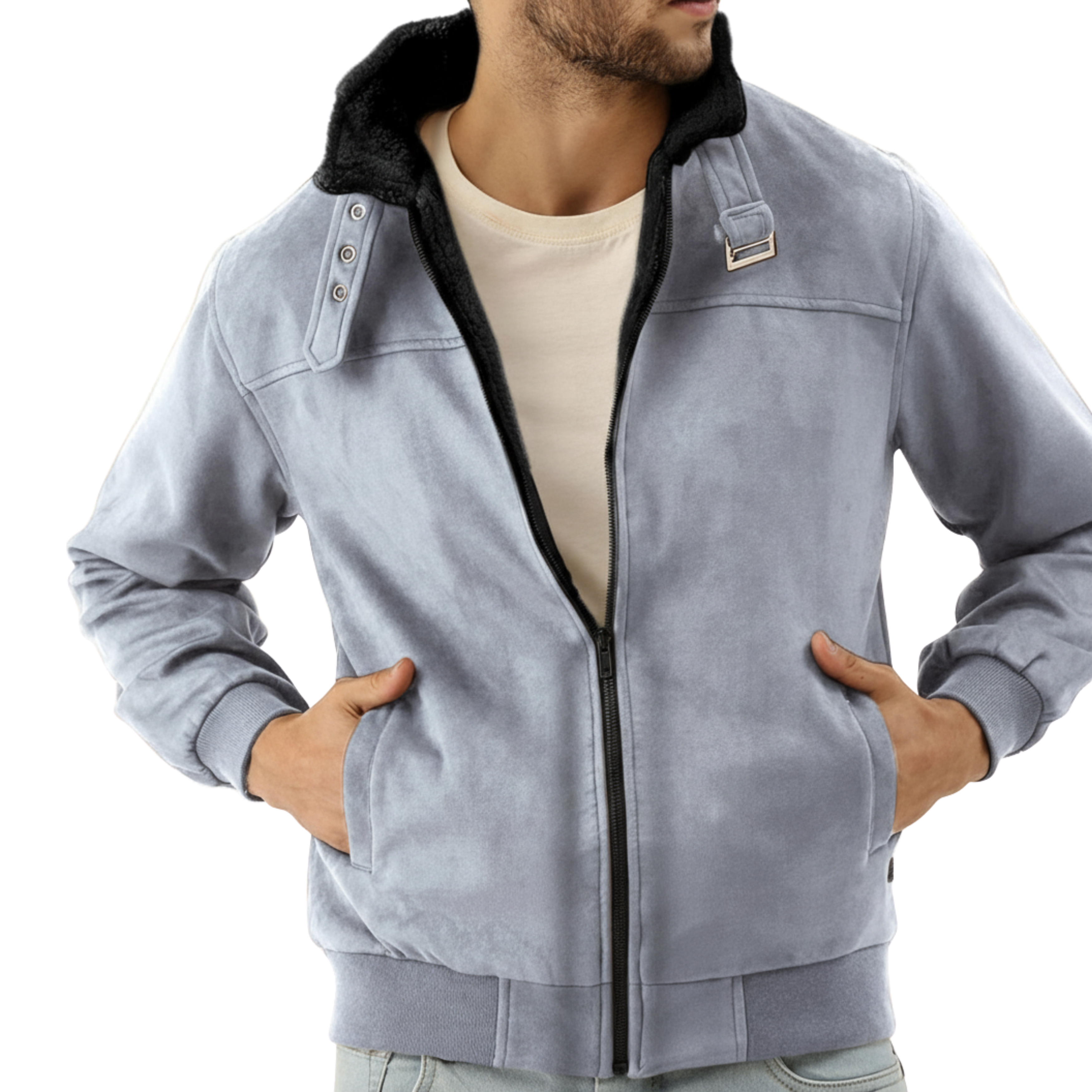 SF-170: Men's Light Grey Suede-Look Bomber Jacket with Black Sherpa Li ...